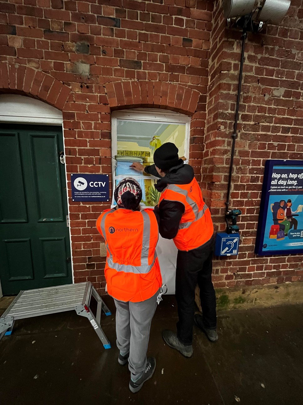 This image shows some of the new artwork at Filey being installed ...