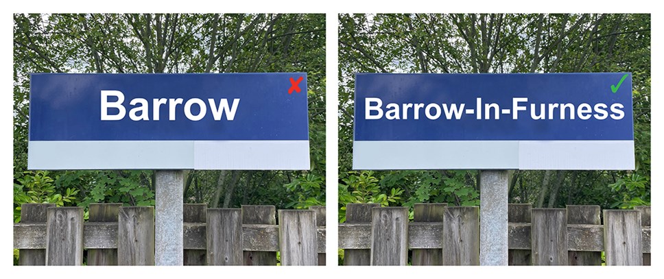 Image shows Barrow-in-Furness station sign mock-up | Northern News