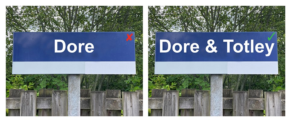 Image shows Dore & Totley station sign mock-up | Northern News