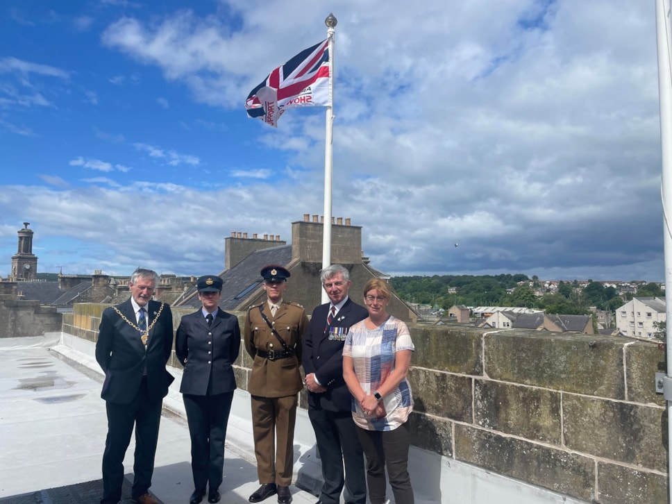Armed Forces day 2024 - (From left) Moray Council Civic Leader Cllr John Cowe, Fg Off Jessica ...