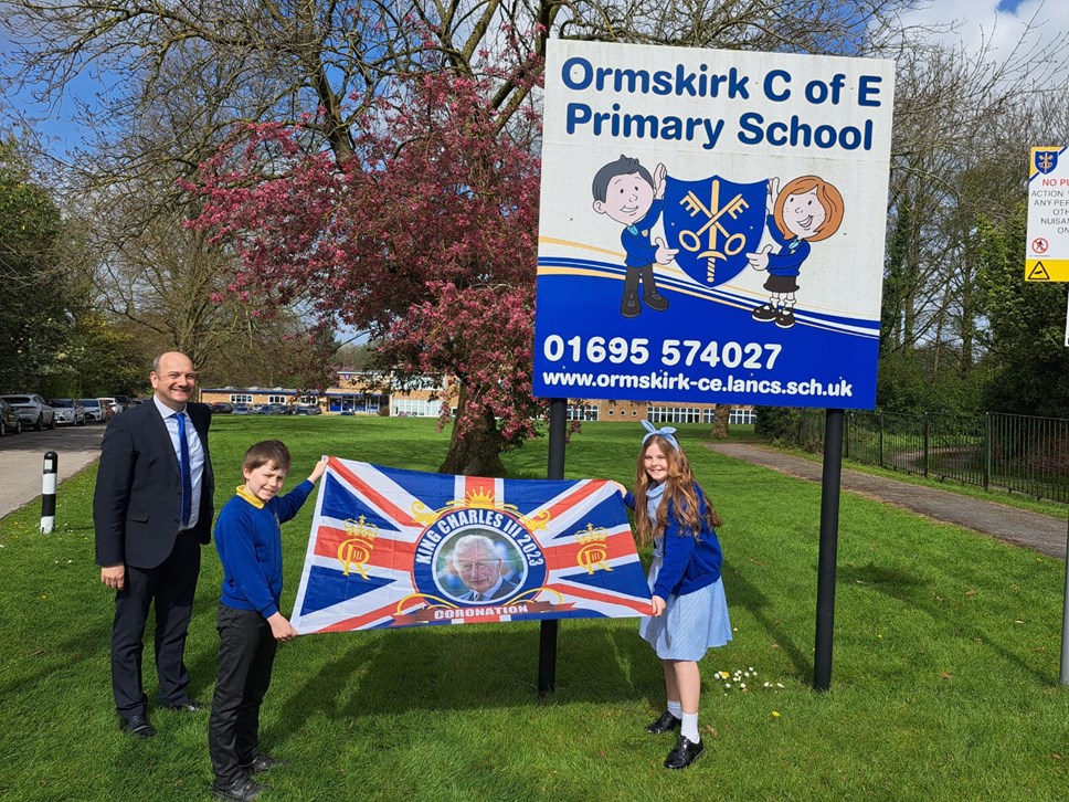 Headteacher Giles Storch with Y5 pupils Riley Brown and Connie Hampson at Ormskirk Church of ...