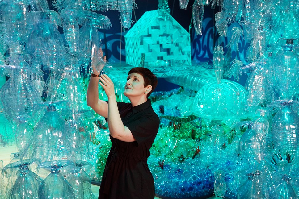 Curator Dr Ali Clark with the Bottled Ocean 2123 installation by George ...