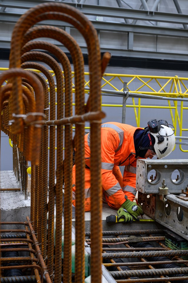 Installing rebar within the Colne Valley Viaduct factory portrait Feb 2022