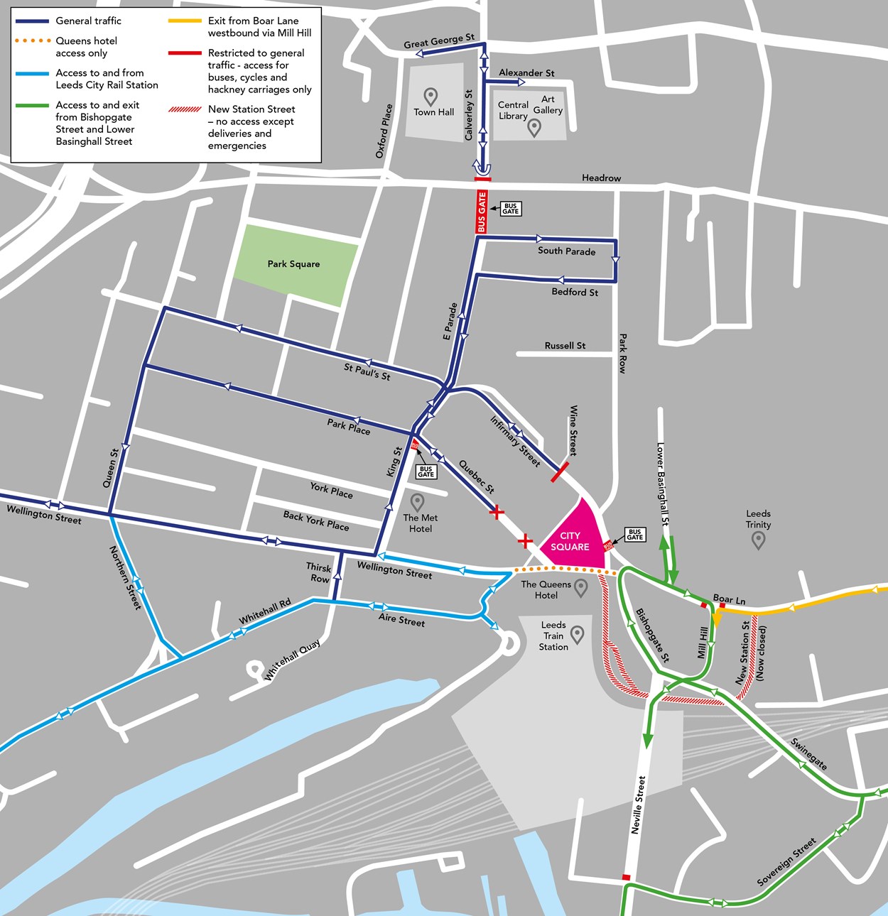 City Square Diversion routes with East Parade map