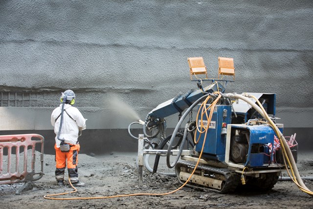 Sprayed concrete lining being applied at the foot of the Victoria Road ...