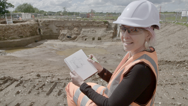 Professor Alice Roberts sketching Coleshill Manor