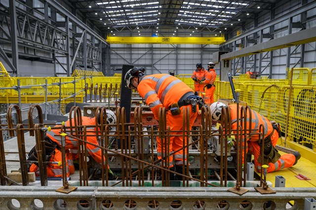 Installing rebar within the Colne Valley Viaduct factory landscape Feb 2022