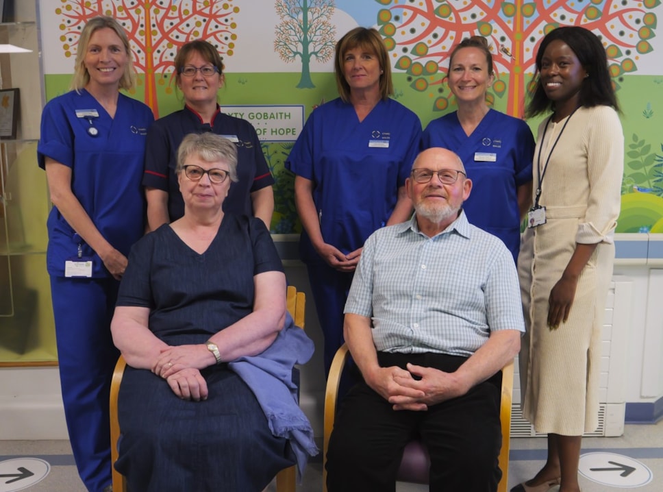 Patient Sharon Bettinson, from Caerphilly, with her husband and staff ...