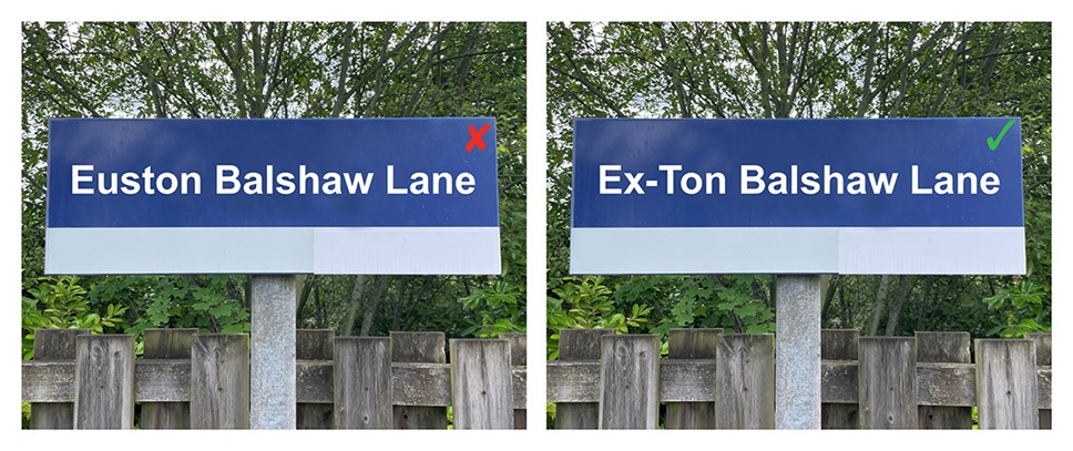 Image shows Euxton Balshaw Lane station sign mock-up | Northern News